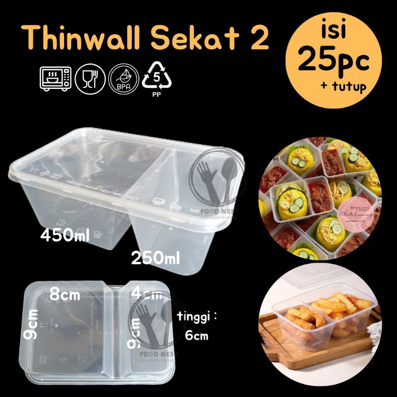 Jual [isi 25pc] lunch box thinwall sekat 2 / food container / take away ...