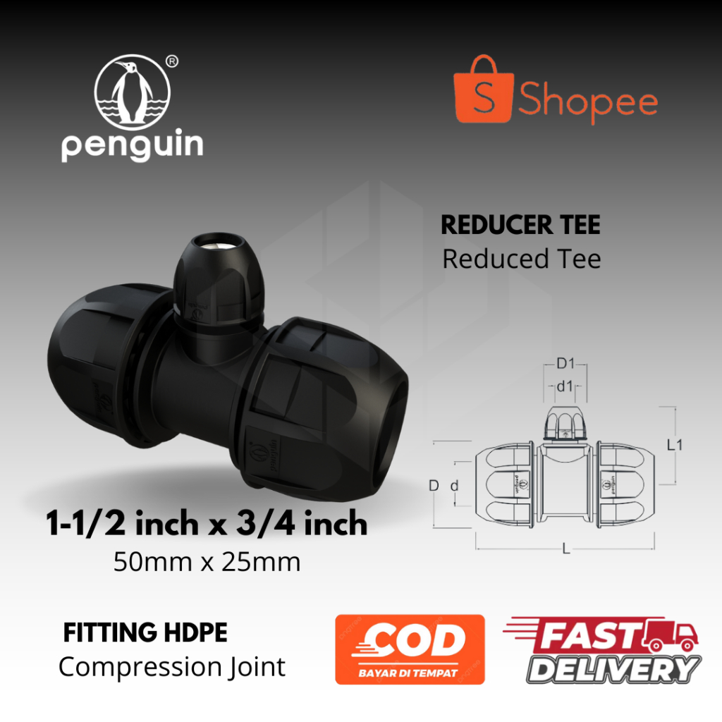 Jual Sambungan Pipa HDPE Reducer Tee ukuran 1-1/2" x 3/4" inch atau 50mm x 25mm FITTING ...