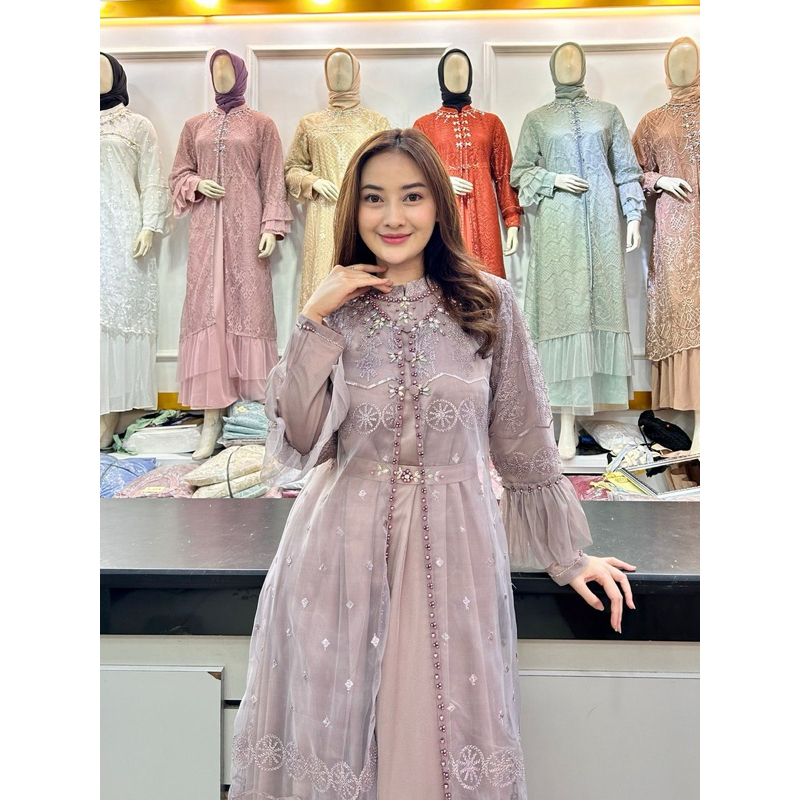 Jual Raline Dress Kondangan Pesta Mewah Satin Roberto Cavali Mix Tille motif Gamis Model Terbaru ...