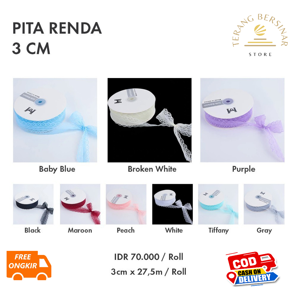 Jual PITA RENDA LEBAR 3 CM PANJANG 1M ROLL RIBBON PITA BUNGA / FLOWER ...