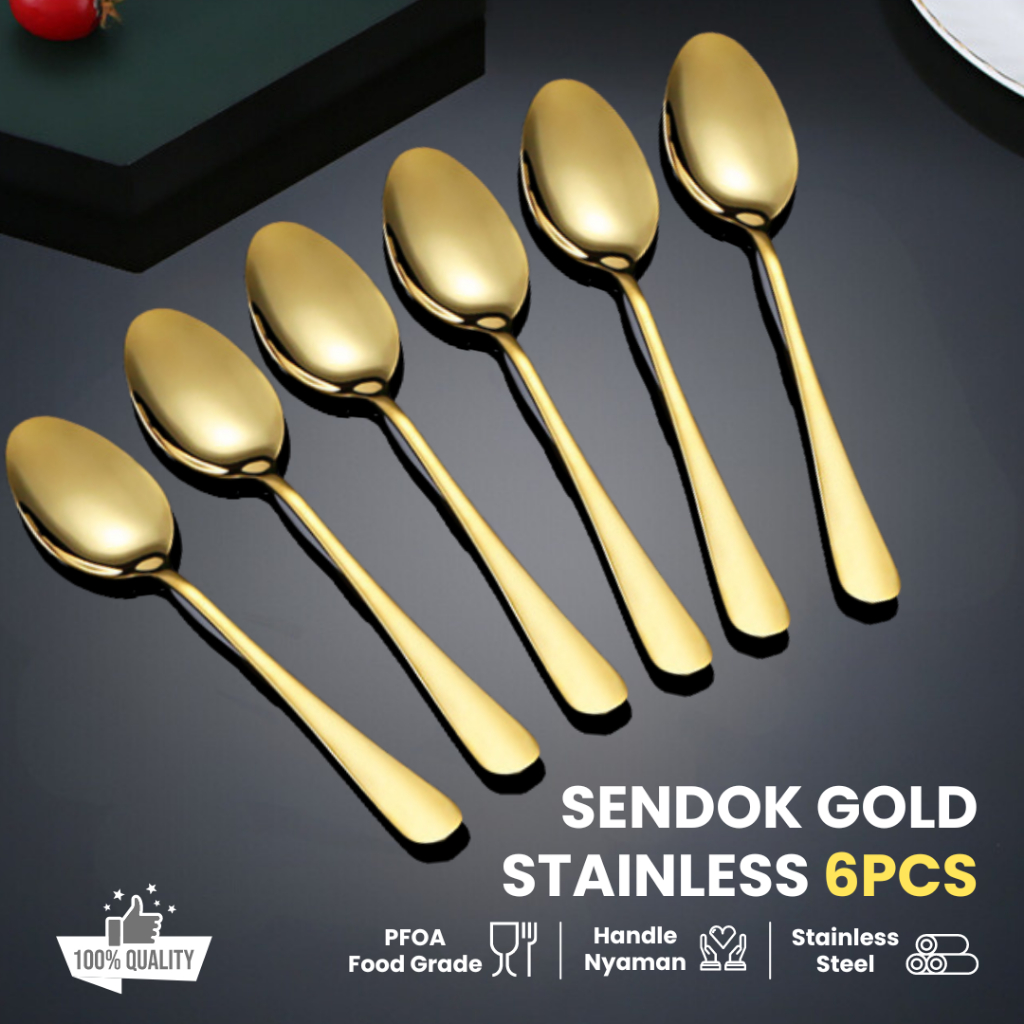 Jual Sunland Sendok Garpu Emas Makan Stainless ISI 6 Pcs Tebal Spoon ...