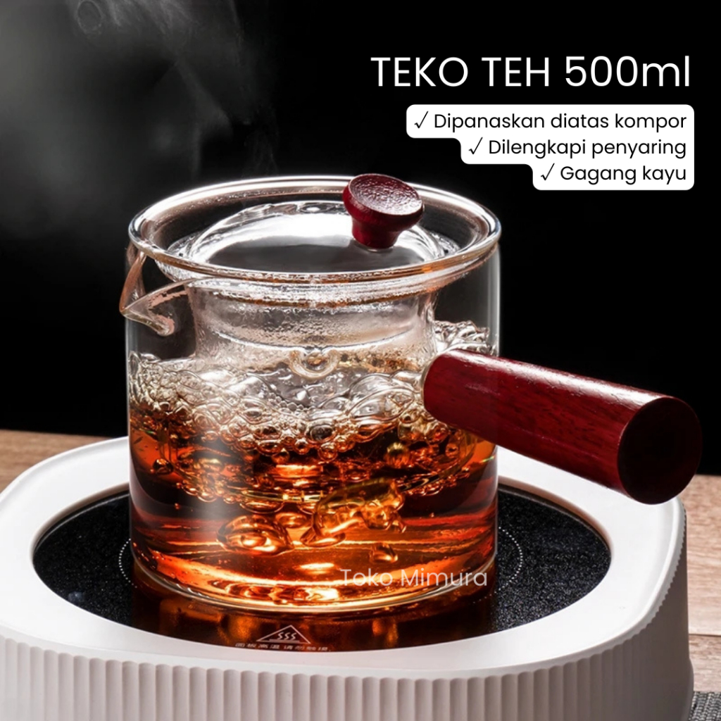 Jual Teko Teh Kaca Dengan Saringan 500ml Gagang Kayu Tahan Panas Api ...