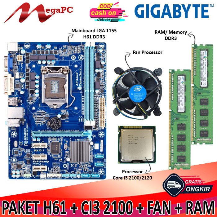 Jual PROMO Paket Mainboard LGA 1155 H61 DDR3 + Core i3 2100 + FAN + RAM ...