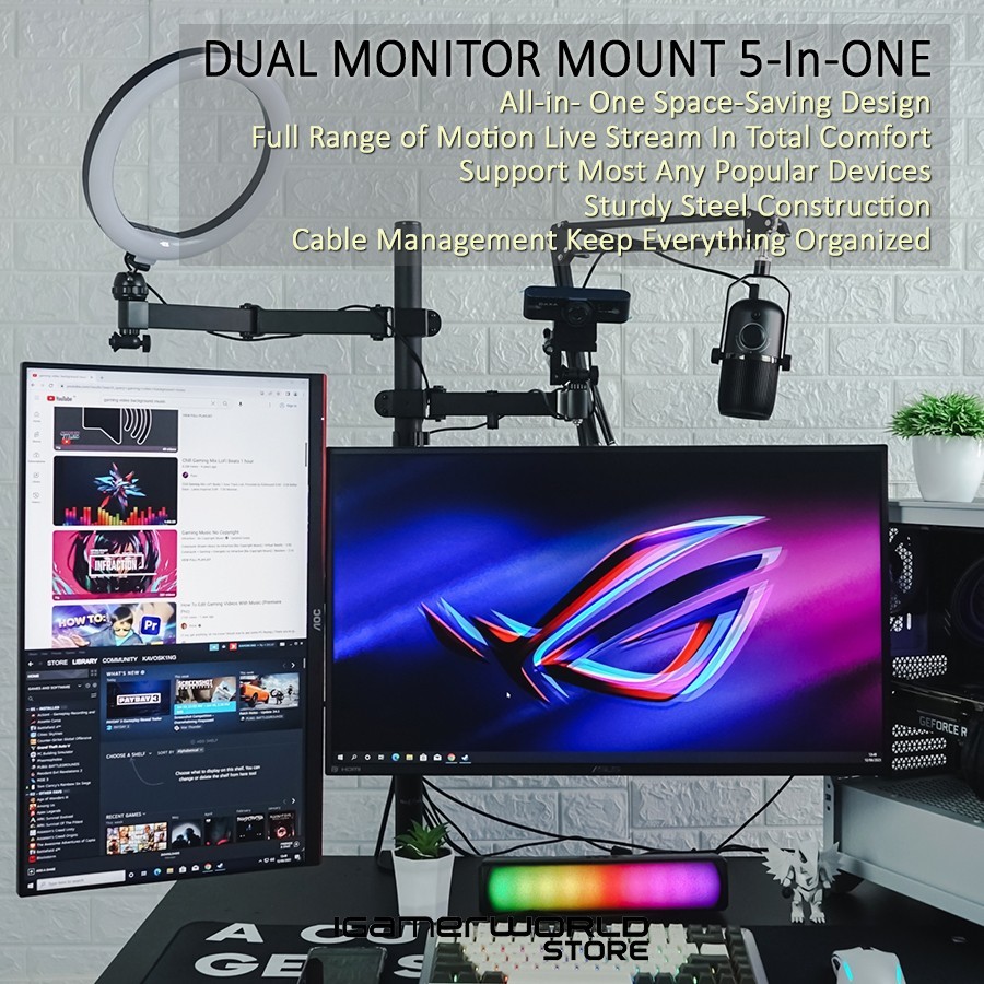 Jual Dual Monitor Mount 5in1 / Stand Monitor Microphone Camera All In ...