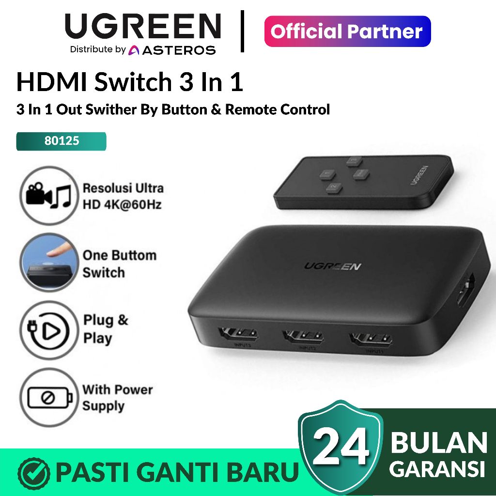 Jual UGREEN HDMI Splitter 3 Input 1 Output 4K HD + Remote 80125 ...