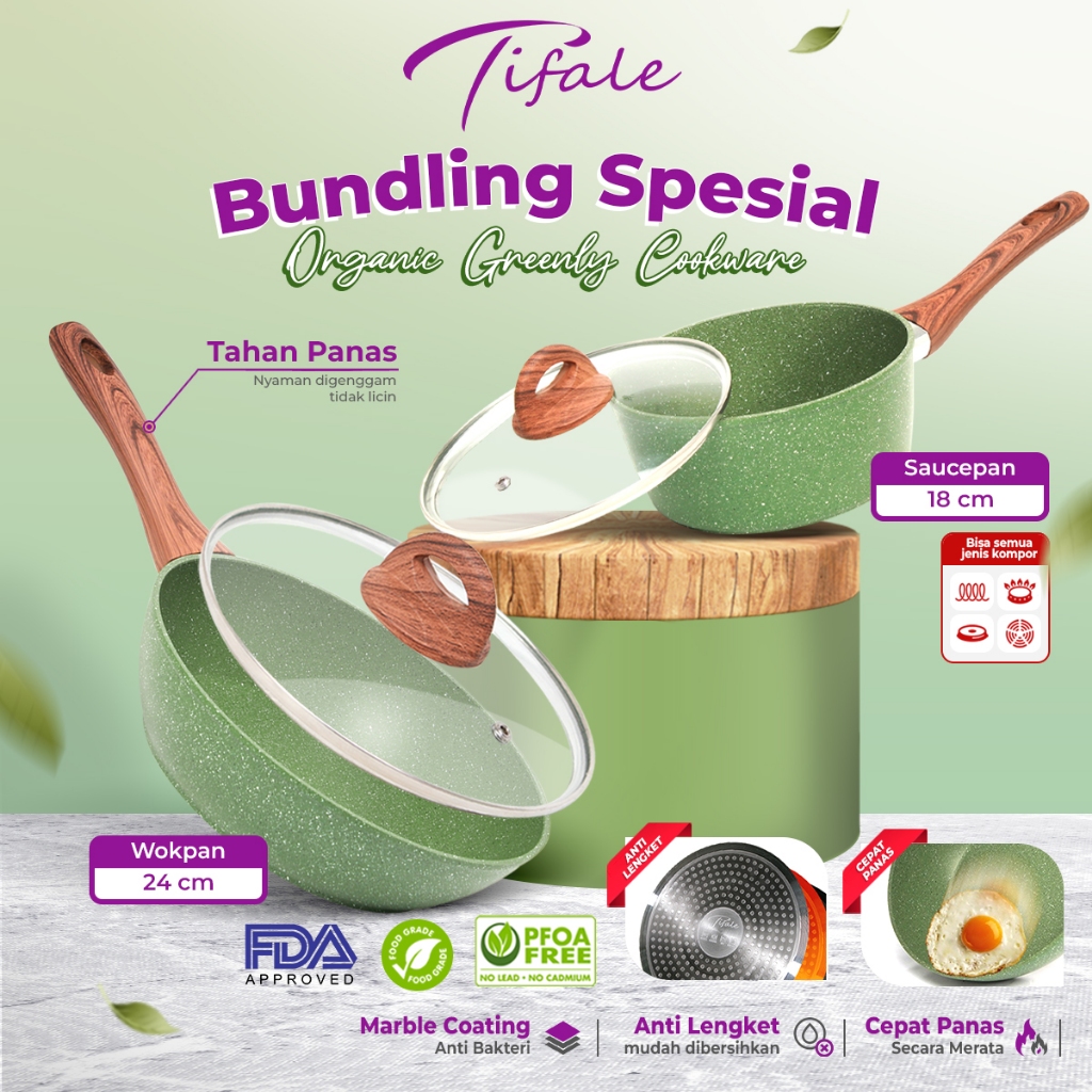 Jual Tifale Organic Greenly Cookware Wokpan Fry Pan Saucepan Marble Coated Anti Lengket | Shopee ...