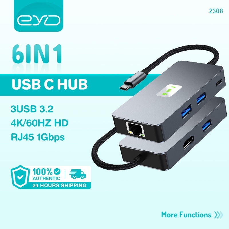Jual EYD 6 IN 1 HUB USB3.2 10Gbps HUB HDMI 4K/60HZ RJ45 1Gbps 100W ...