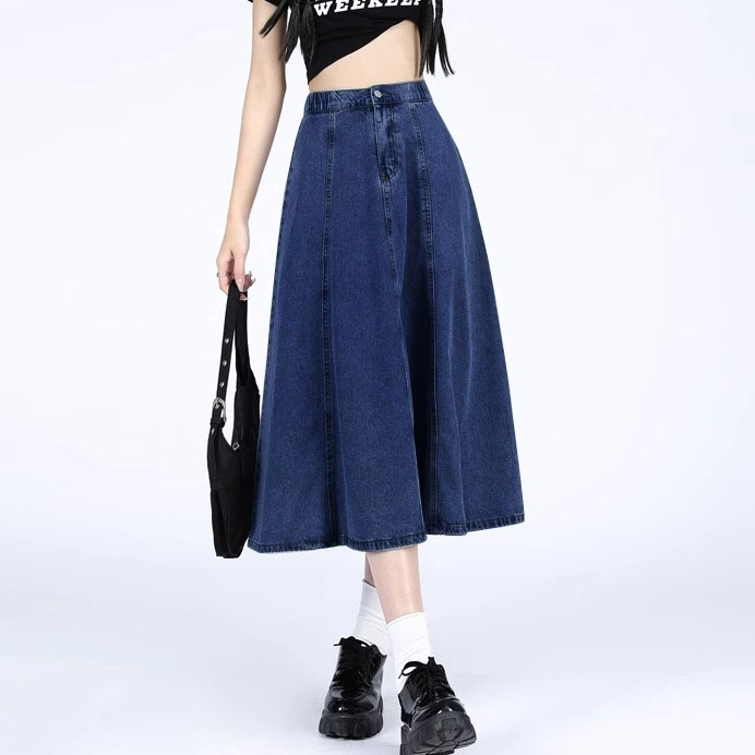 Jual rok korea style premium Rok jeans highwaist wanita biru panjang ...