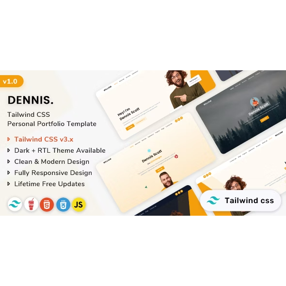 Jual Dennis - Tailwind CSS Personal Portfolio HTML Template + Dark + RTL | Shopee Indonesia