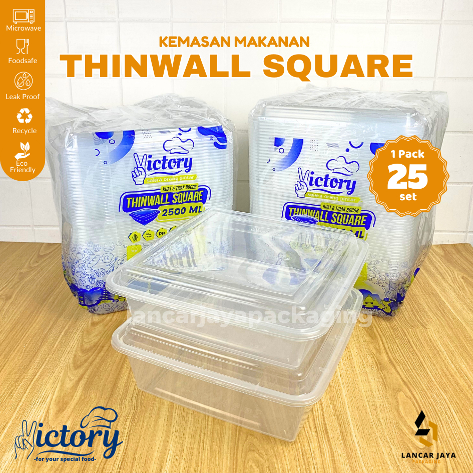 Jual [25 PCS] Thinwall Square Victory Kotak Makan Plastik Wadah Persegi Food Container 2500ml ...