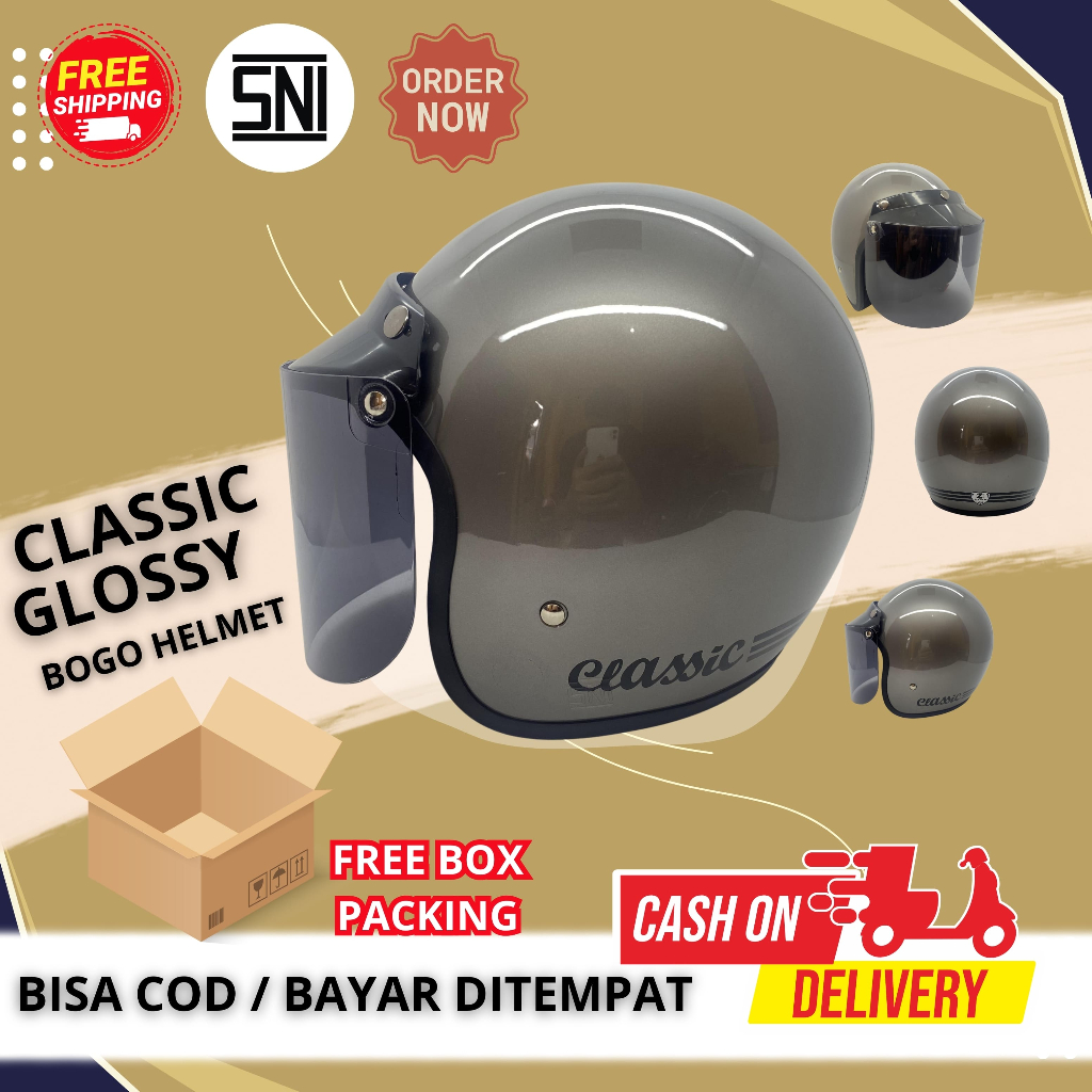 Jual HELM BOGO DEWASA CLASIK TIGA GARIS+KACA FREE PACKING DAN PENGAMAN ...