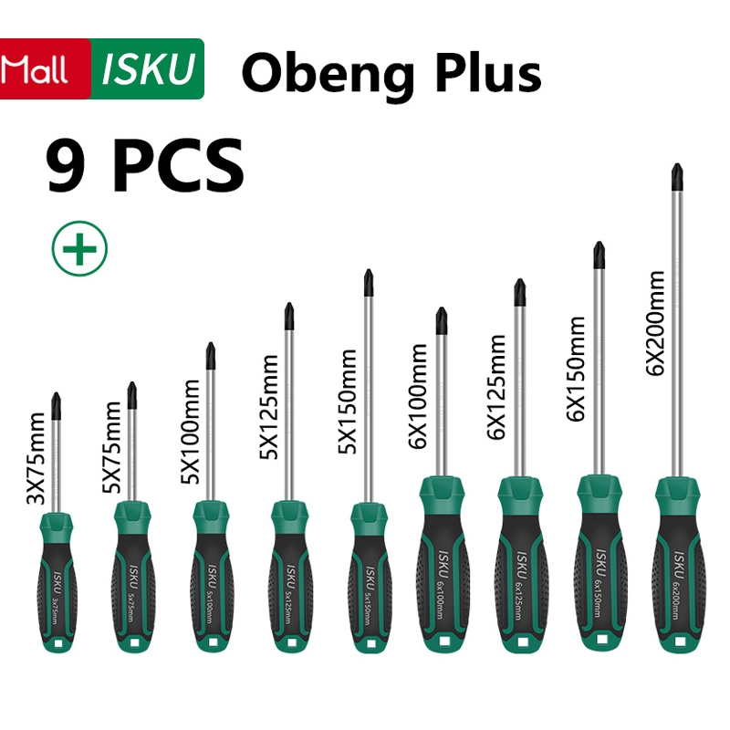 Jual ISKU obeng set 9 pcs 75-200mm plus screwdriver set tip magnetik ...
