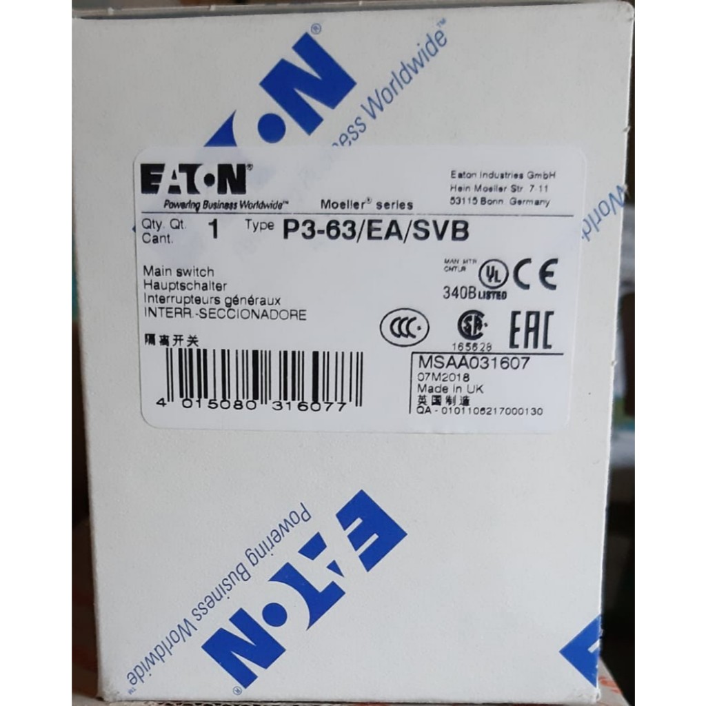 Jual EATON P3-63/EA/SVB MSAA031607 Main Switch 30kW 3P 63A EATON P3-63/EA/SVB MSAA031607 Main ...