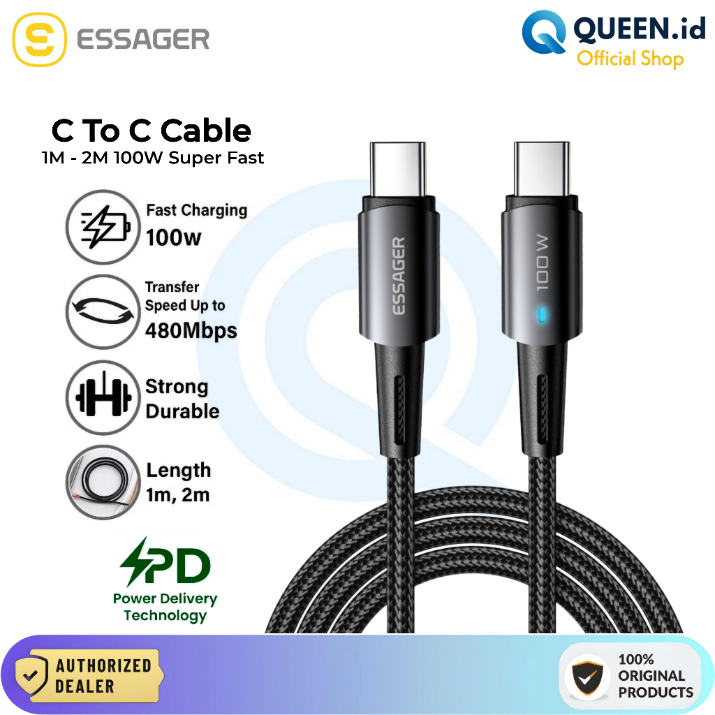 Jual Essager Kabel Data Charger USB TYPE C To C 1M 2M 100W 5A PD QC 4.0 Super Fast Charging ...