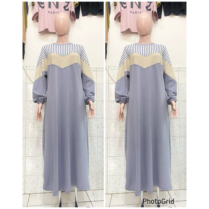 Jual midi dress maxy dress salur wanita kaos knit kombinasi | Shopee Indonesia