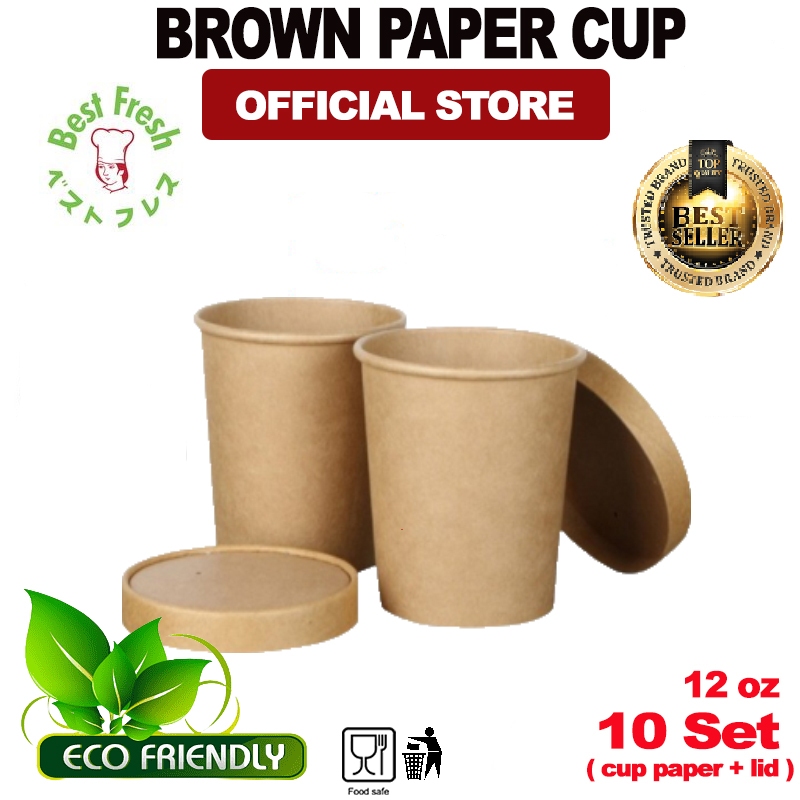 Jual Brown paper cup soup | mangkok kertas kraft coklat cup sup 12 oz + tutup | Cup soup 10 SET ...