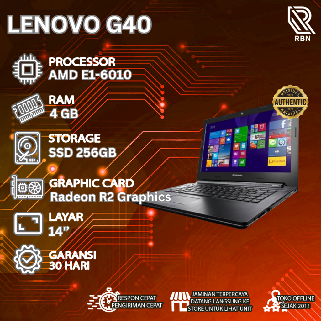 Jual LAPTOP Notebook LENOVO G40 AMD E1-6010 RAM 4GB SSD 256GB Second ...