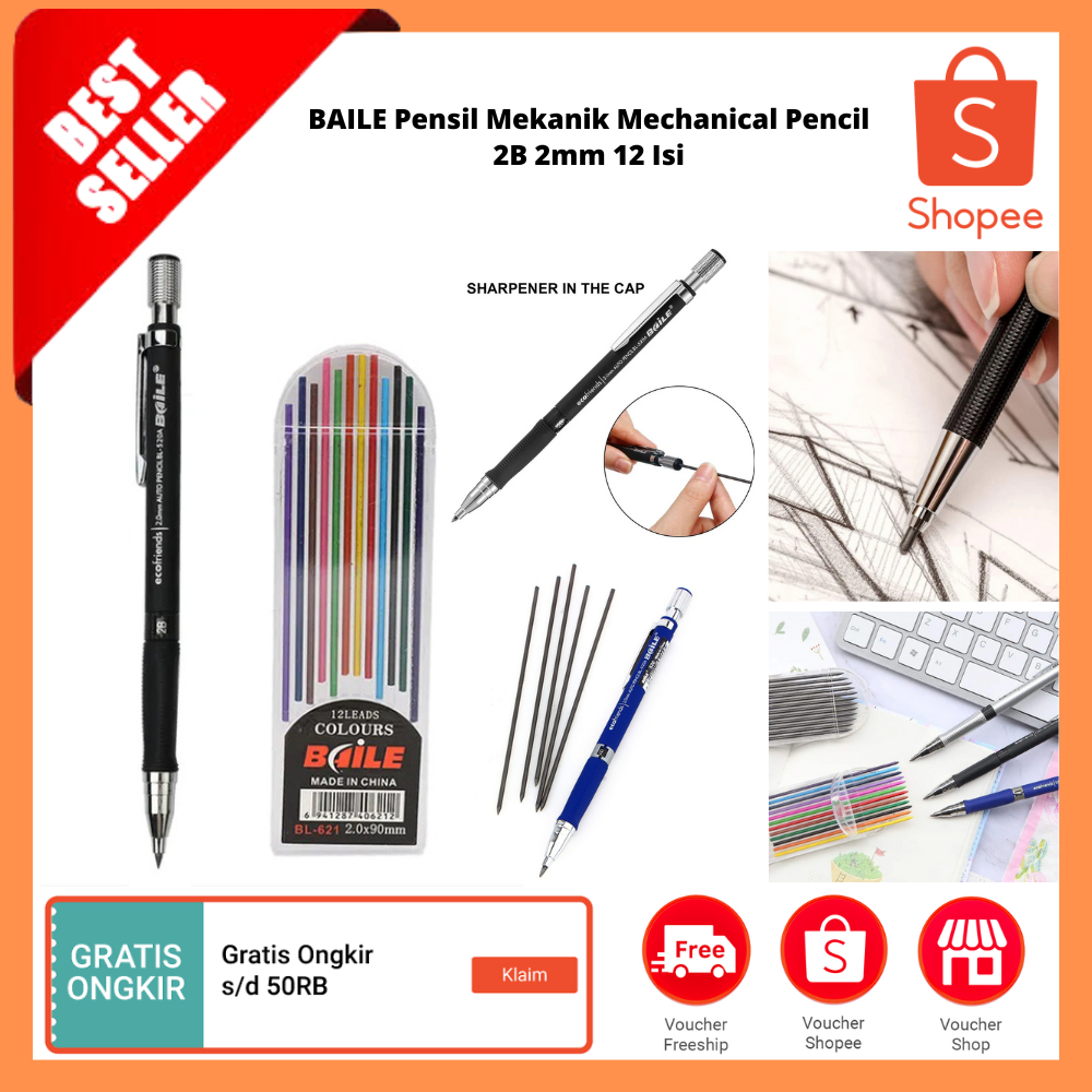 Jual Pensil Mekanik Mechanical Pencil 2B 2mm 12 Isi / Pensil Mekanis untuk Sketsa Seni Gambar ...