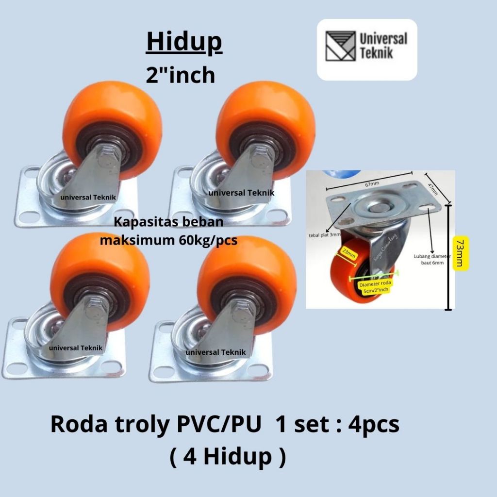 Jual Roda Troli Troly PVC Caster orange 2 inch 1 set : 4pcs ( 4 Hidup ...