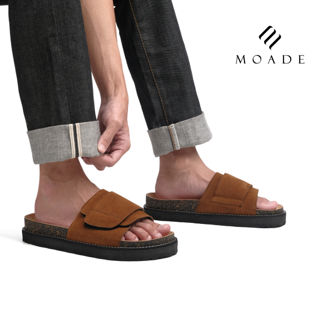Jual Moade Sandal Slide Pria Casual VIntage Velcro Suede Cokelat Hitam ...