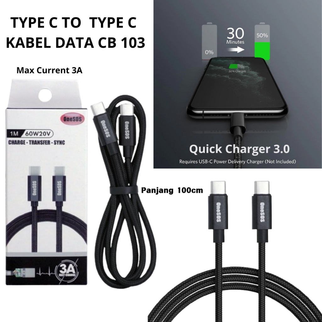 Jual OneSOS Nylon Kabel Data Type C to Type C /Kabel Data Type C - Type ...