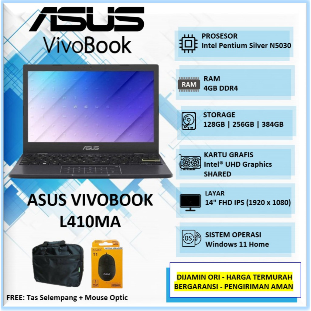 Jual Laptop Sekolah Asus Vivobook L410MA Intel Pentium Silver N5030 14 ...
