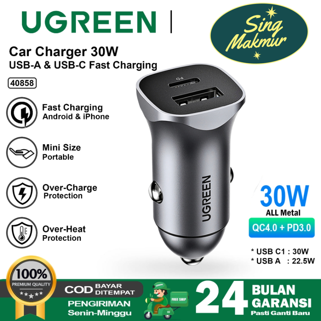 Jual UGREEN Car Charger Mobil Dual Port USB A + USB C Fast Charging 30w ...