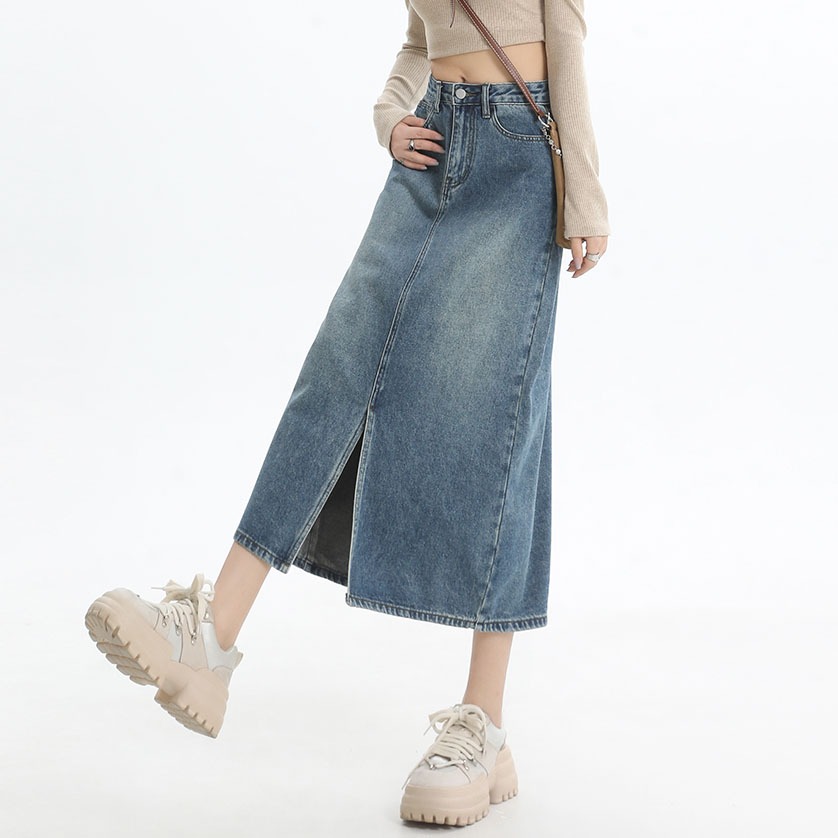 Jual Rok-biru highwaist rok skirt midi Jeans split Rok A-line rok jeans ...