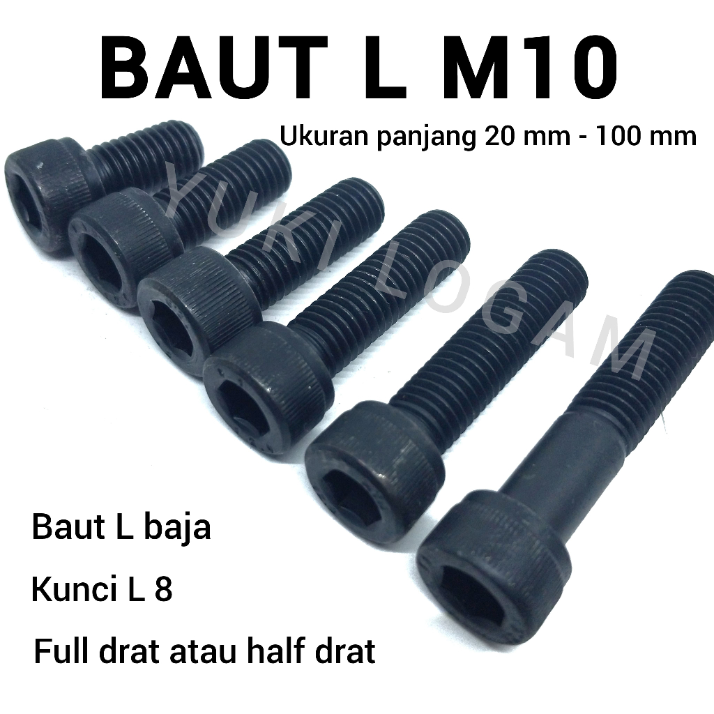 Jual Baut L M10 baja hitam kunci L 8 full drat dan half drat | Shopee Indonesia