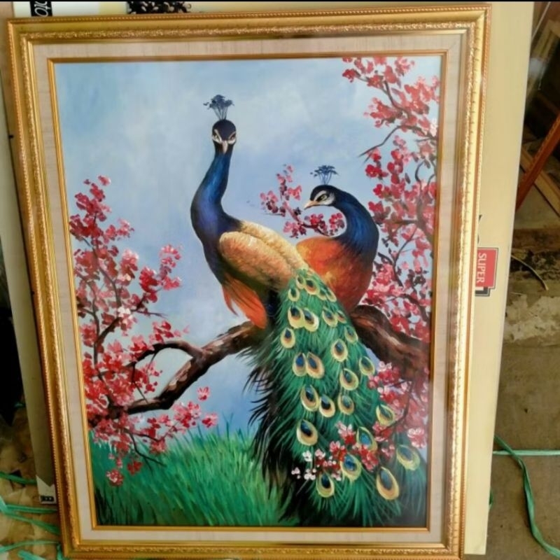 Jual lukisan custom merak 100 x 50 cm plus frame | Shopee Indonesia