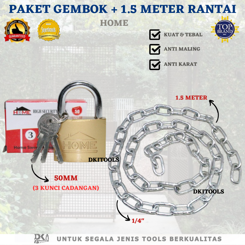 Jual Paket Gembok 50MM HOME + Rantai 1.5 Meter Kuat Anti Karat & Tebal ...