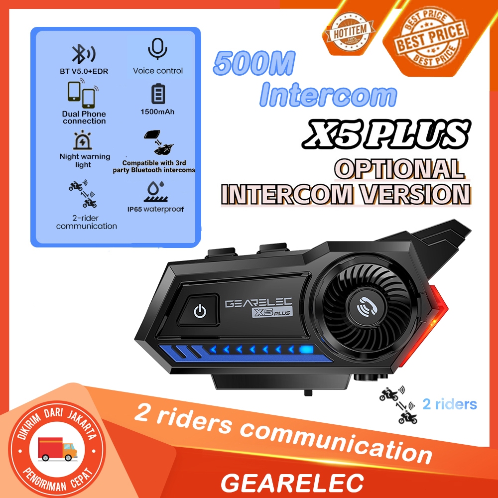 Jual GEARELEC X5 Plus Helm Bluetooth Headset Interkom 2 riders 500M BT5 ...