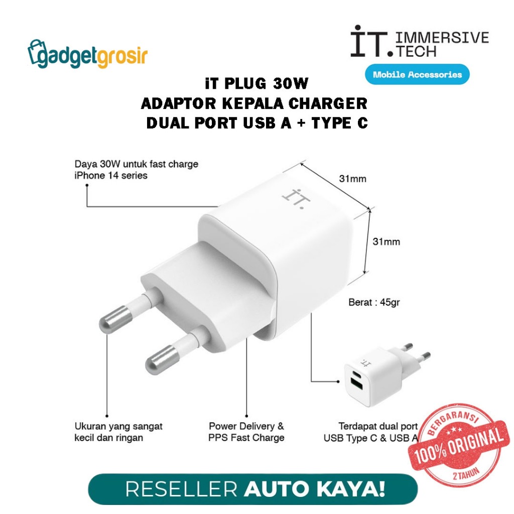 Jual iT Plug Cube IT Adaptor Kepala Charger 30W Dual Port USB A Type C ...