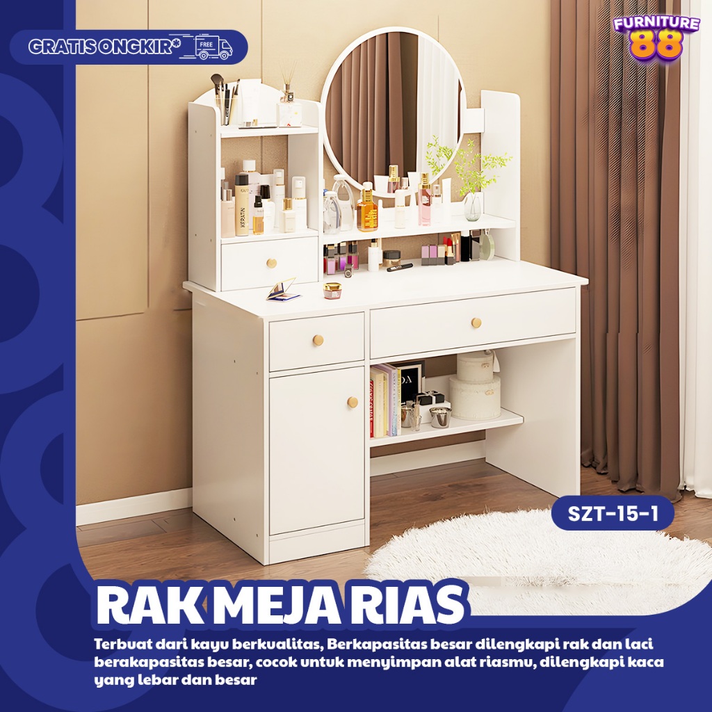 Jual FURNITURE - Meja Rias Minimalis Dengan Cermin Bulat Rak Dan Laci ...