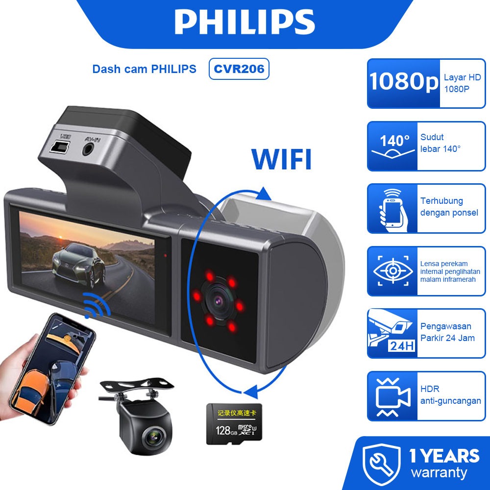 Jual Philips Dashcam Mobil 1080P Full HD 3.16 Inch Dual Lens Parking ...