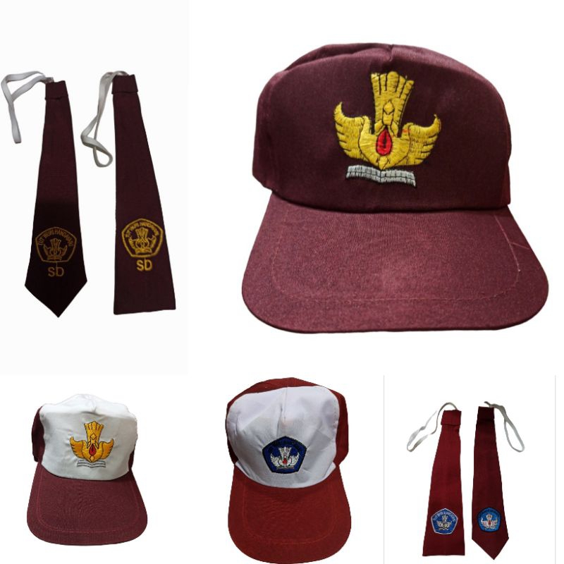 Jual Topi dasi sd warna merah hati / maroon / topi dasi sd logo biru ...
