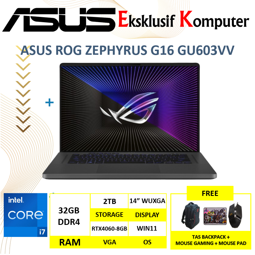 Jual Laptop Asus ROG Zephyrus G16 GU603VV Intel i7 13620H 32GB 2TB SSD ...