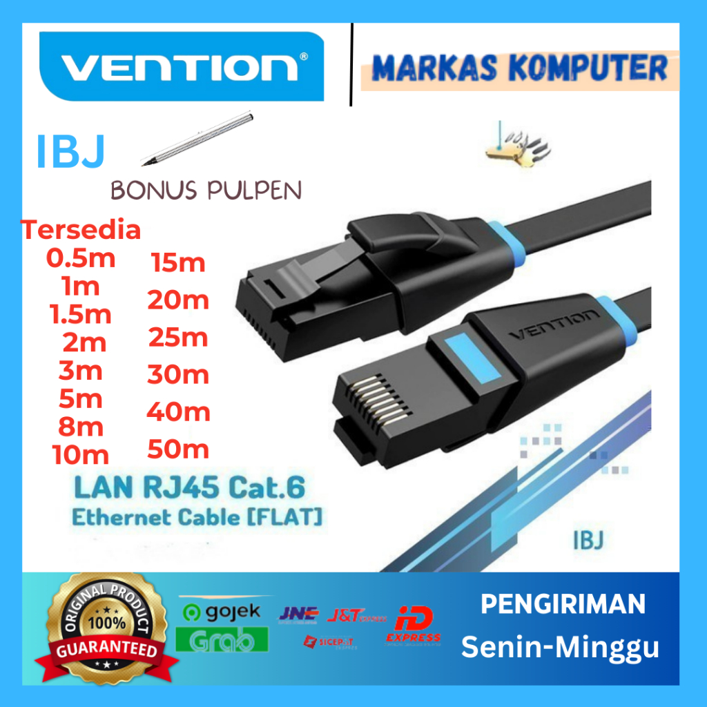 Jual Kabel LAN Vention IBJ CAT.6 Gigabit UTP Ethernet Cable Flat Black 0.5M 1M 1.5M 2M 3M 5M 8M ...