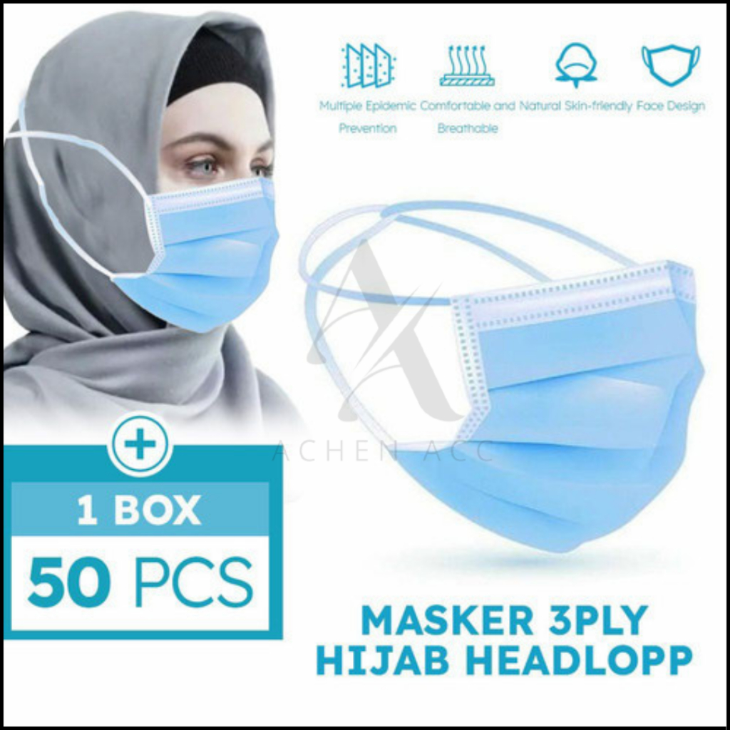 Jual Masker Hijab 3Ply 1Box Isi 50Pcs Masker Headloop Hijab Biru Putih ...