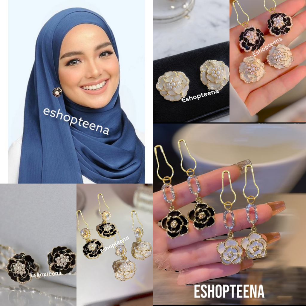 Jual A163 anting hijab bunga mawar more pearl putih hitam peniti ...