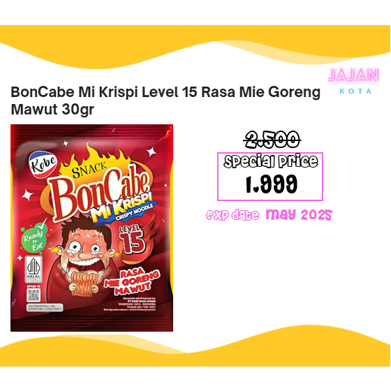 Jual BonCabe Snack Mie Krispi Level 15 Rasa Mie Goreng Mawut 30 gram ...