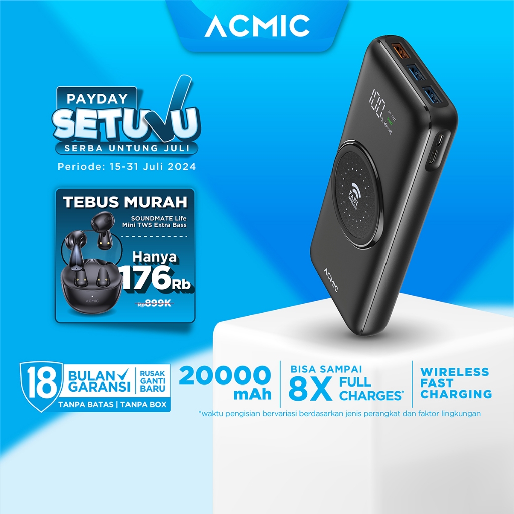 Jual ACMIC W20PRO 20000mAh Powerbank Wireless 22.5W Fast Charging Type C | Shopee Indonesia