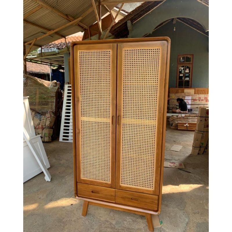 Jual lemari retro minimalis kayu jati kombinasi rotan almari kayu jati ...