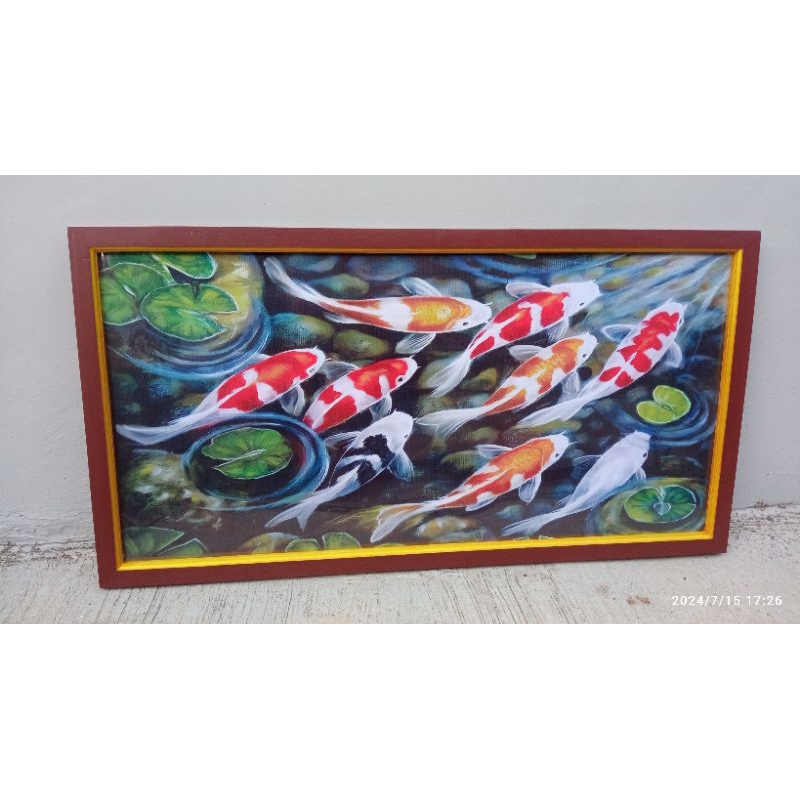 Jual lukisan cetak hiasan dinding plus bingkai gambar ikan koi fengshui ukuran 100x50cm (siap ...