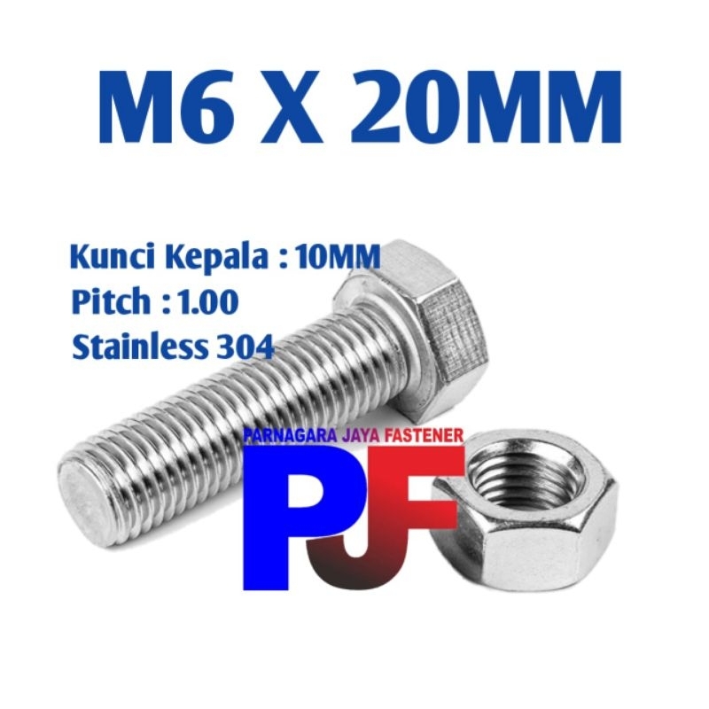 Jual Mur Baut M6 x 20 mm Stainless / Bolt Nut Stainless Steel 304 M6 x 20 mm | Shopee Indonesia
