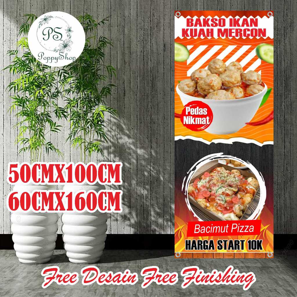 Jual Spanduk Banner 60X160 Bakso Ikan Mercon & Basmut Pizza Bisa Custom ...