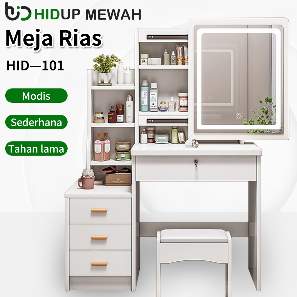 Jual Meja Rias Aesthetic Putih LED Meja Make Up Kaca Sliding dengan ...
