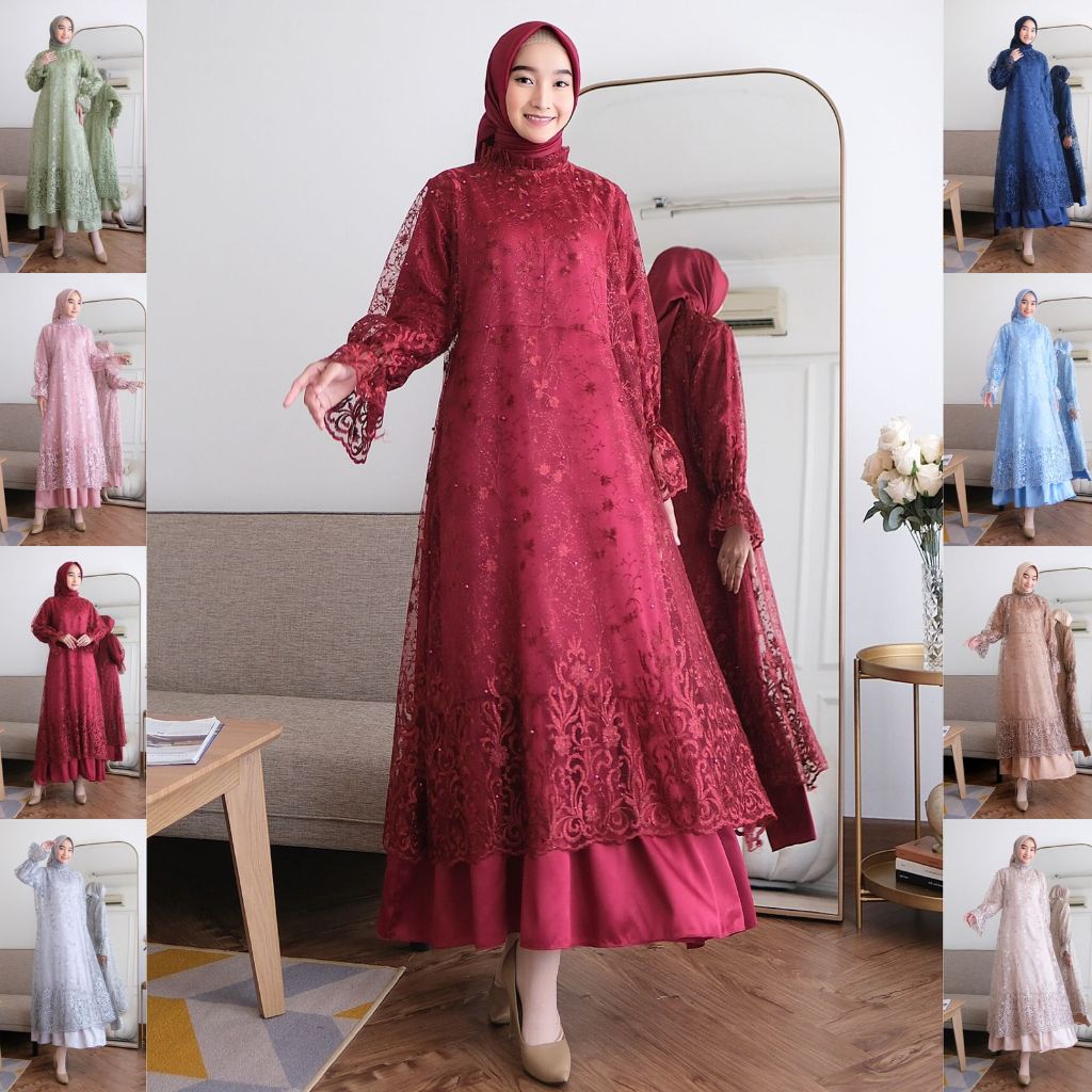 Jual (QWE) 2in1 Gamis Fasha Inner + Outer Brukat Tile Bordir Mutiara Mewah / Dress Pesta Brokat ...
