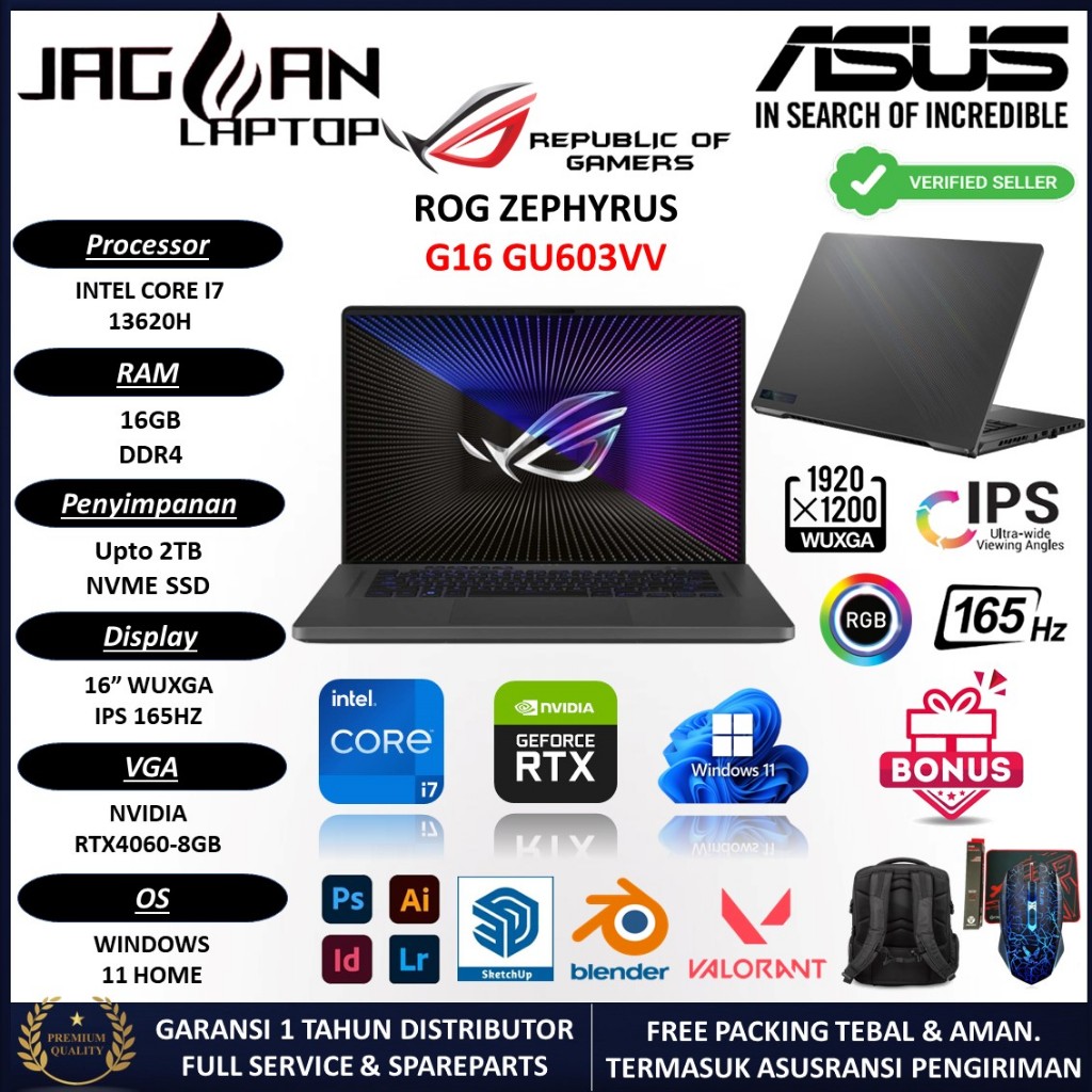 Jual LAPTOP GAMING ASUS ROG ZEPHYRUS G16 GU603VV INTEL I7 13620H ...