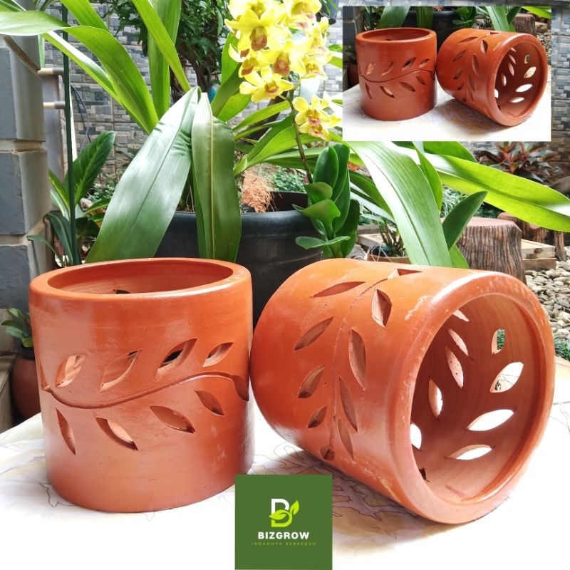 Jual Pot Silinder Tanah Liat Motif Daun D20 | Pot Bunga Anggrek ...